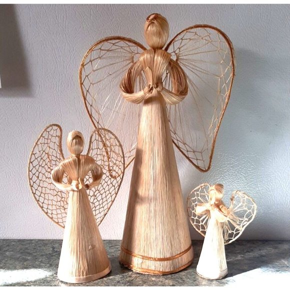 Holiday | 3 Vintage Corn Husk Angels Decor Religious Christmas Raffia ...